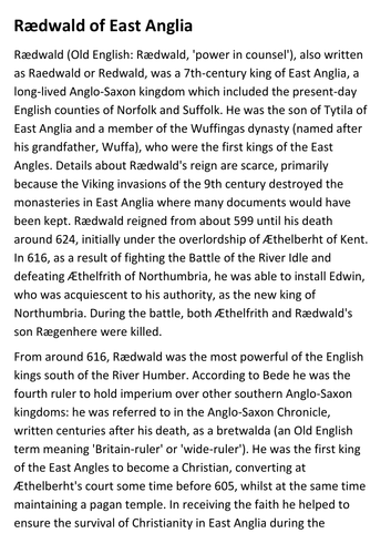 King Raedwald - Sutton Hoo (Anglo-Saxons) Handout | Teaching Resources