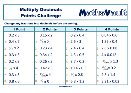 Multiply Decimals Points Challenge worksheet | Teaching Resources