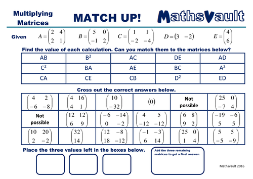Multiplying Matrices Match Up worksheet | Teaching Resources