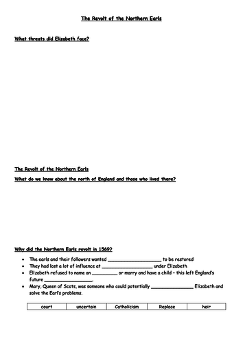 KS4 - Elizabeth and the Revolt of the Northern Earls | Teaching Resources