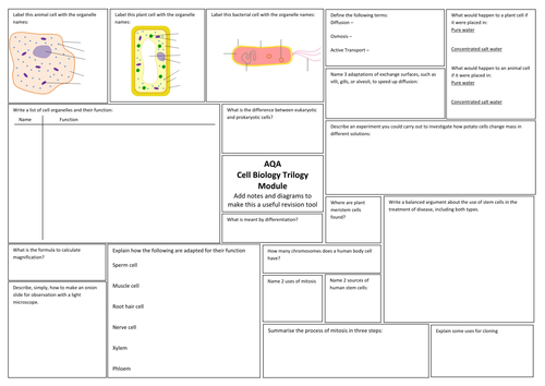 AQA Trilogy Science (9-1) Biology 1 Cell Biology Revision Broadsheet ...