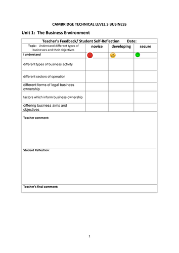 OCR Cambridge Technical level 3 business UNIT 1 STUDENT SELF ASSESSMENT/TEACHER'S FEEDBACK SHEET ...