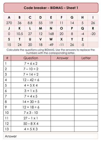 Code Breaker - Maths Mathematics - BIDMAS / BODMAS - 5 differentiated ...
