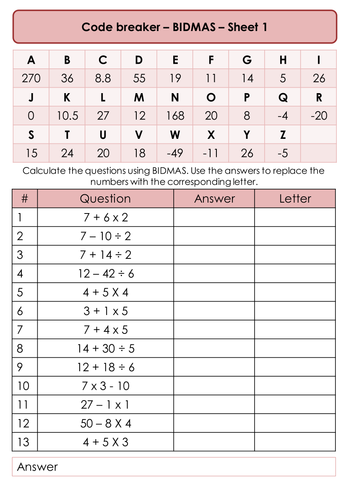 Code Breaker - Maths Mathematics - BIDMAS / BODMAS - 5 differentiated ...