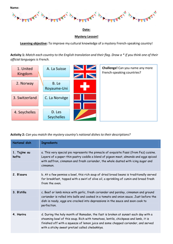 Mystery French-Speaking Country Cultural Lesson + Worksheet (Morocco ...