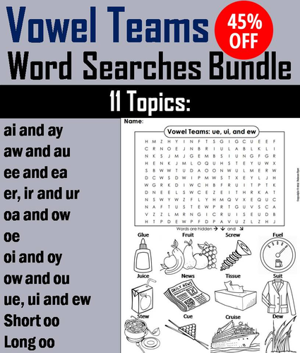 Vowel Teams Activities Bundle: Color in Word Search | Teaching Resources