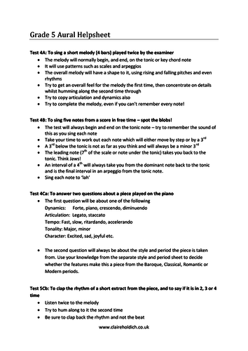 ABRSM Grade 5 Aural test help sheet | Teaching Resources