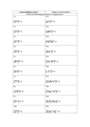 GCSE Maths - Indices - Law 3 - Power of a power - 20 Questions and ...
