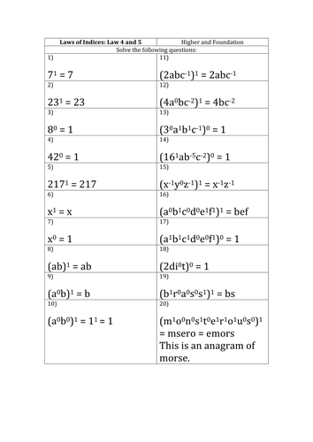 GCSE Maths - Indices - Laws 4 and 5 - 20 Questions and worked answers ...