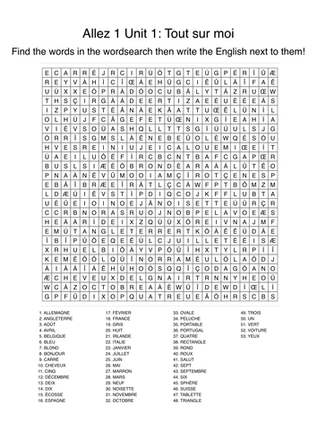 Allez 1 Unit 1 Tout sur moi Wordsearch | Teaching Resources