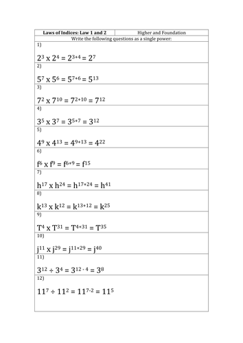 GCSE Maths - Indices - Laws 1 and 2 - 30 Questions and Worked Answers ... GCSE Maths - Indices - Laws 1 and 2 - 30 Questions and Worked Answers ...