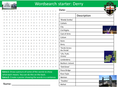 UK County Derry Londonderry KS3 GCSE Wordsearch Crossword Alphabet ...