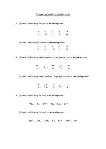 Comparing fractions and decimals | Teaching Resources