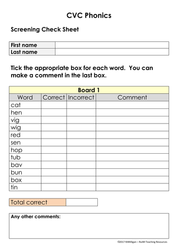 CVC Words, Picture Board + Word Cards, Games, Phonics Screening Sheets ...