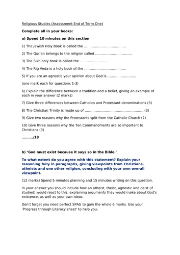 RE Assessment Pack KS3 | Teaching Resources