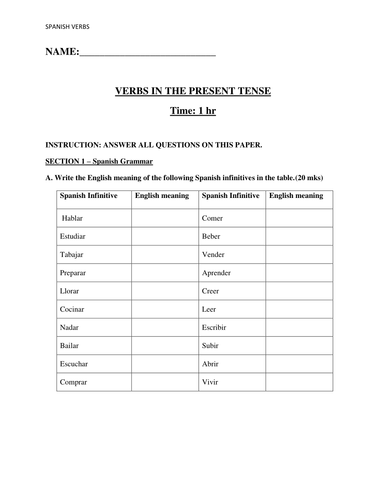 Spanish Verbs - Present Tense | Teaching Resources