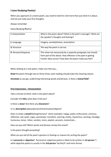 Unseen Poetry SoW, sample questions, model answers, and other resources ...