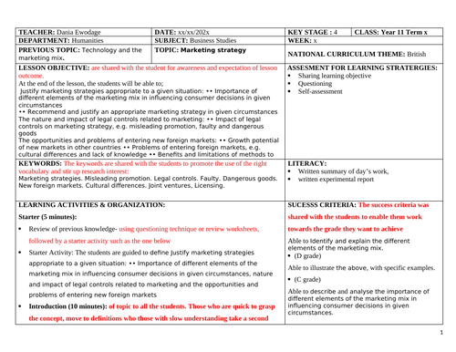 Marketing strategy Lesson Plan 'MS word doc.' IGCSE Business Studies ...