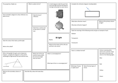 KS3 Unit 8J Light Exploring Science Revision broadsheet | Teaching ...