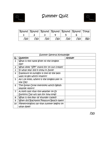 End of Term Summer Themed Tutor Quiz | Teaching Resources