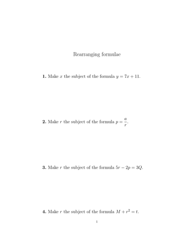 Rearranging formulae/Changing the subject of a formula worksheets with ...