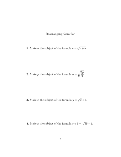 Rearranging formulae/Changing the subject of a formula worksheets (with ...