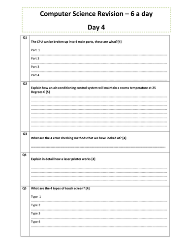 Gcse Igcse Computer Science 6 A Day Revision Questions 14 Days Teaching Resources