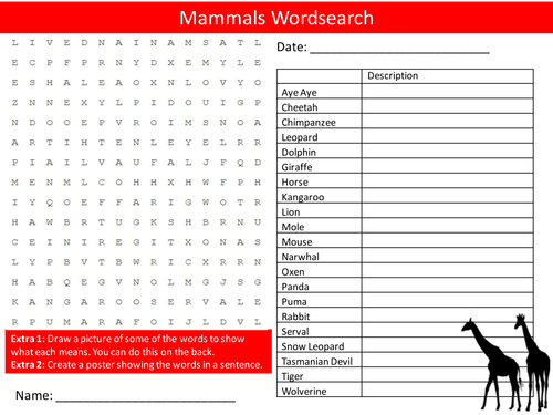 Mammals Wordsearch Starter Activity Animals Homework Cover Lesson ...