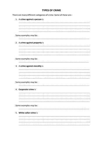 Types of Crime research worksheet - L2/GCSE Criminology/Law/Citizenship ...