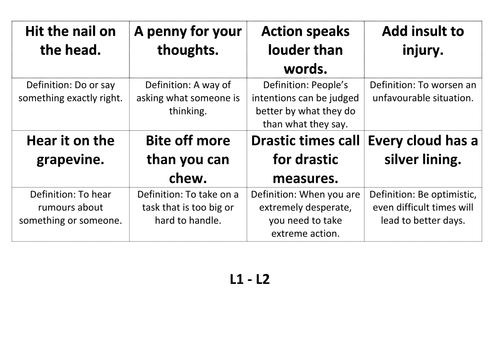 Idioms Match Card Activity | Teaching Resources