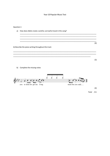 GCSE Music Pop Music Test 1 | Teaching Resources