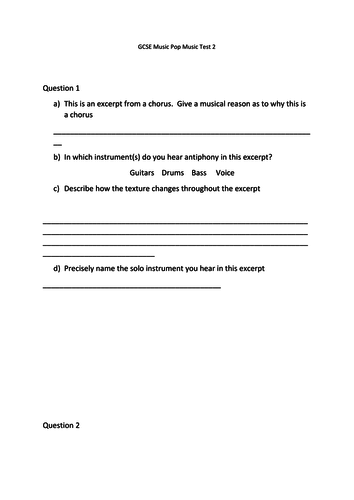 GCSE Music Pop Music Test 2 | Teaching Resources