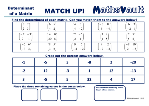 Calculating determinants Matrices Worksheet | Teaching Resources