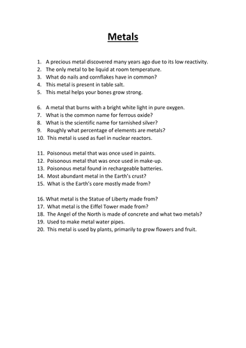 Metals Science fun quiz - perfect for end of term / Summer lessons ...