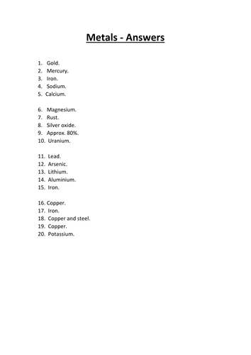Metals Science fun quiz - perfect for end of term / Summer lessons ...