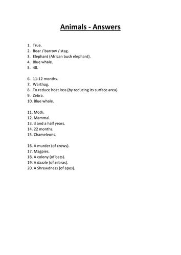 Animals Science fun quiz - perfect for end of term / Summer lessons ...