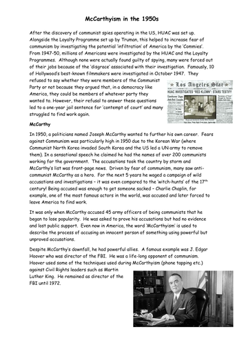 AQA 8145 America 1920-70: McCarthyism | Teaching Resources
