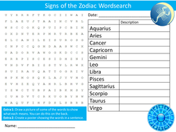 Signs of The Zodiac Wordsearch Starter Activity Astrology Stars ...