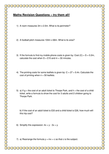 revision - formulae, transposition and subsitution | Teaching Resources