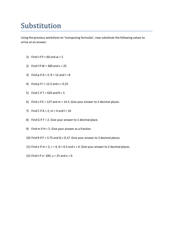 revision - formulae, transposition and subsitution | Teaching Resources