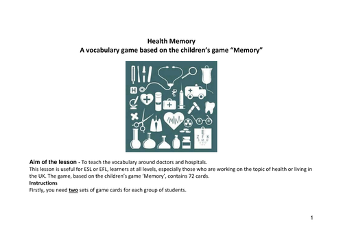 Health Language Memory Game | Teaching Resources