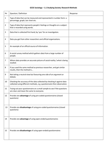 GCSE Sociology (AQA): Research Methods | Teaching Resources