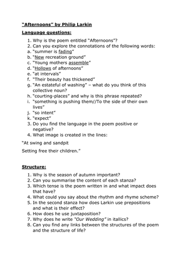 Language questions to support Larkin's "Afternoons" for EDUAQS ...
