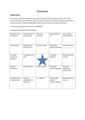 Y7 Induction Activity Classmate Bingo | Teaching Resources