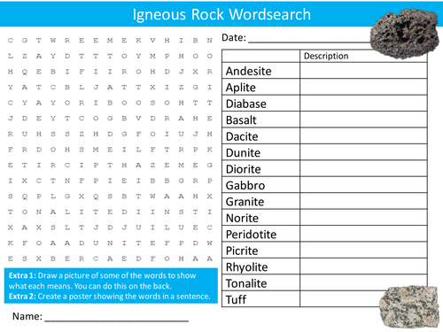 Igneous Rocks Wordsearch Starter Activity Geology Rock Types Homework ...