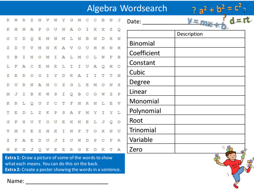Algebra Wordsearch Starter Activity Maths Equations Homework Cover ...