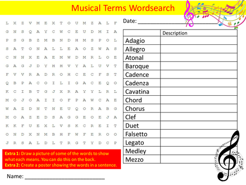Musical Terms Wordsearch Starter Activity Music Notation Homework Cover ...