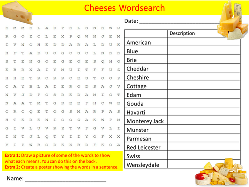 Types of Cheese Wordsearch Starter Activity Food Dairy Homework Cover ...