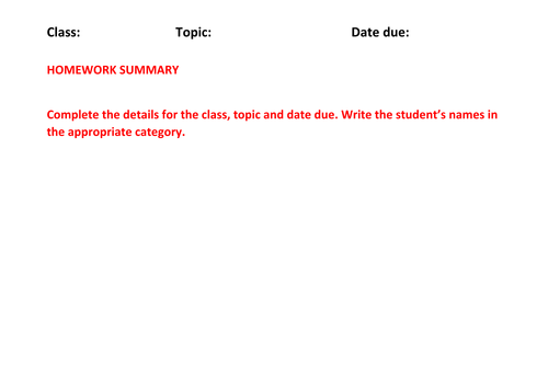 Full Class Homework Summary | Teaching Resources