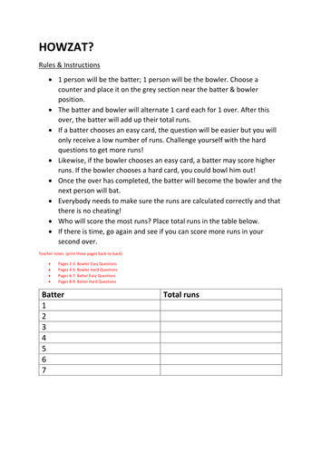 HOWZAT Cricket Board Game | Teaching Resources